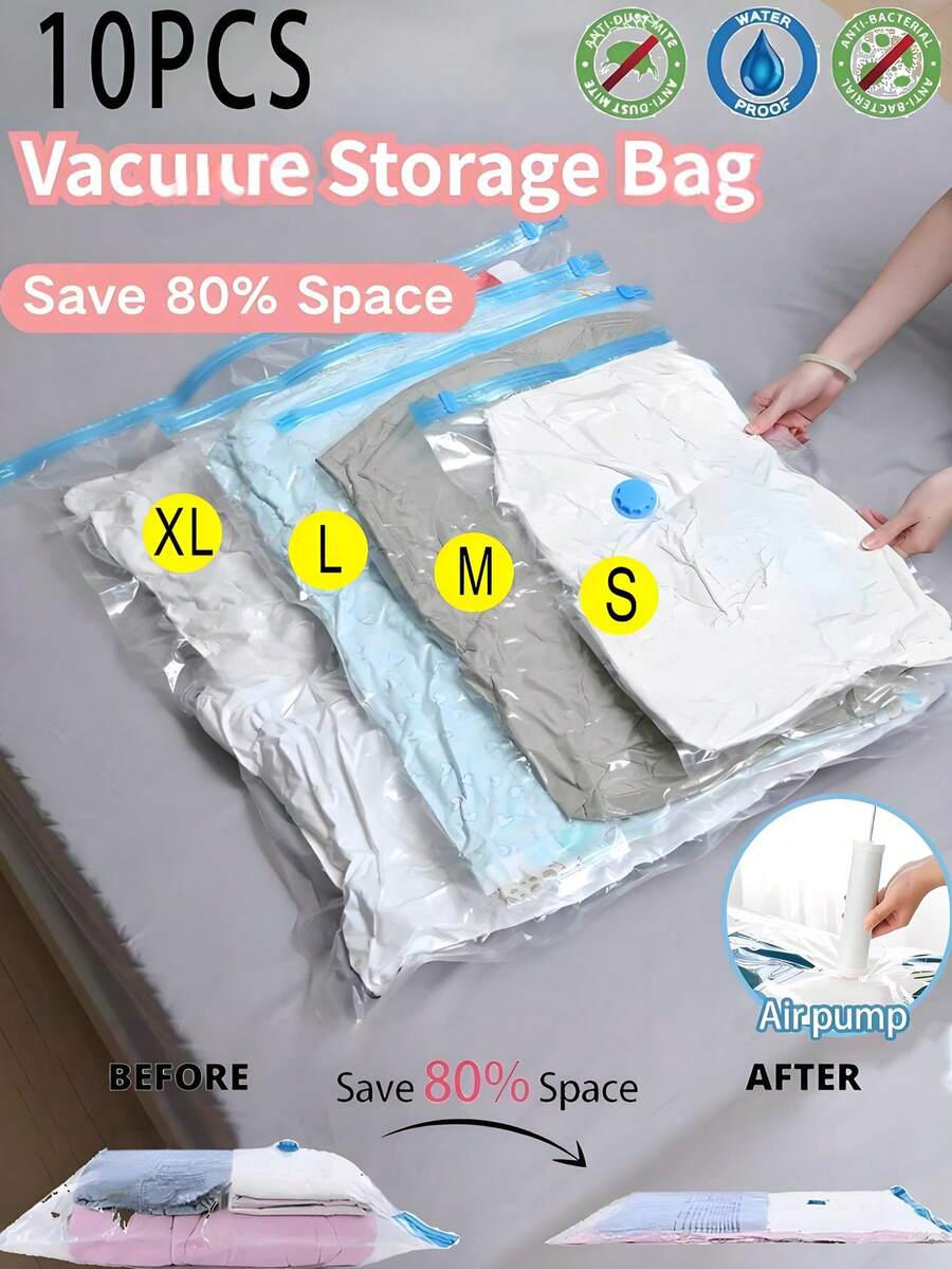 10pcs Transparent Vacuum Storage Bags With Pump, Travel Compression ...