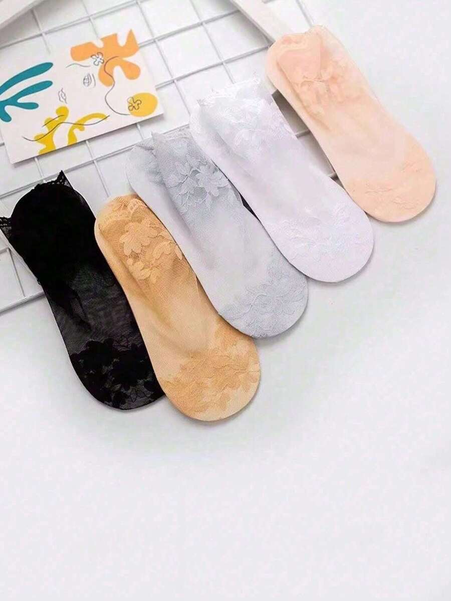 1/5 Pairs Fashion Lace Floral Rose Pattern Sheer Socks For Women ...