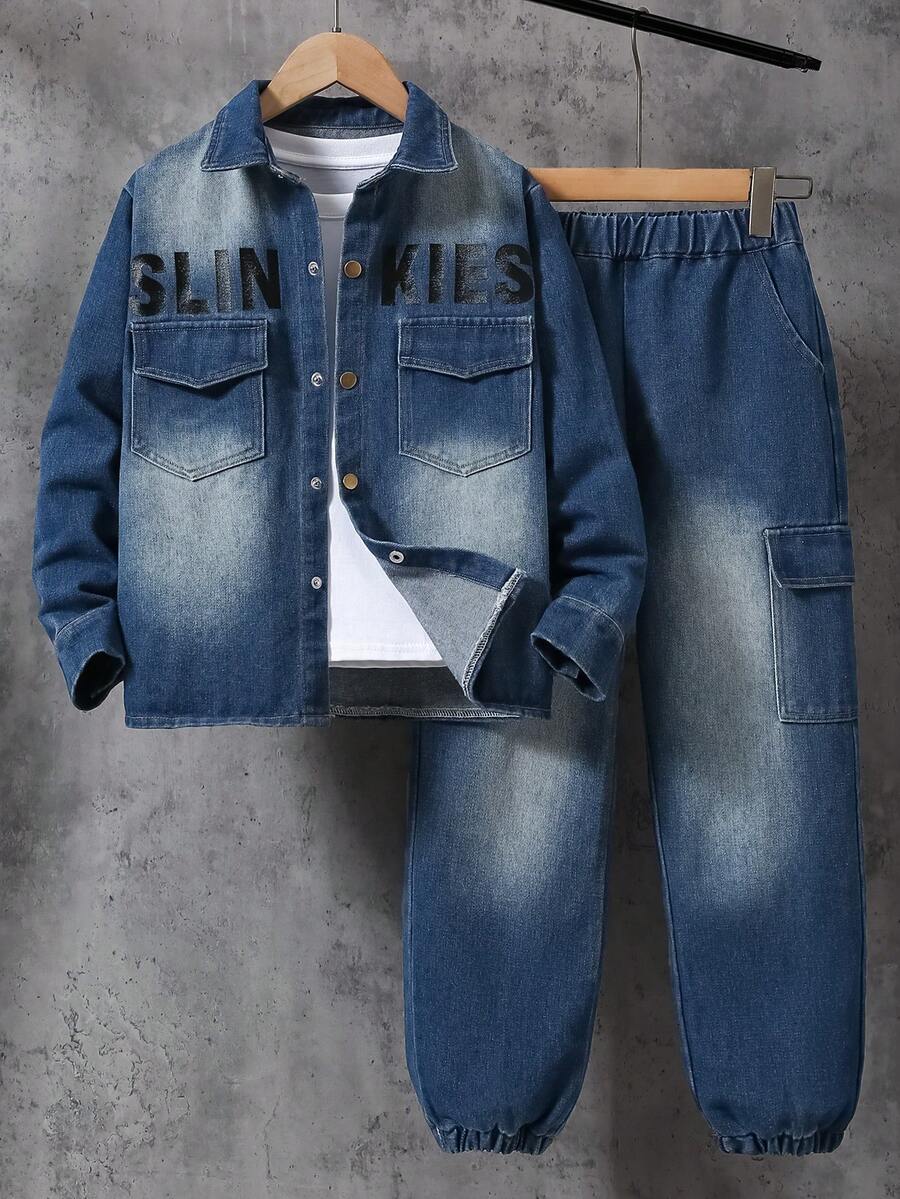 2pcs Boys Casual Denim Jacket With Printed Collar & Pockets And ...