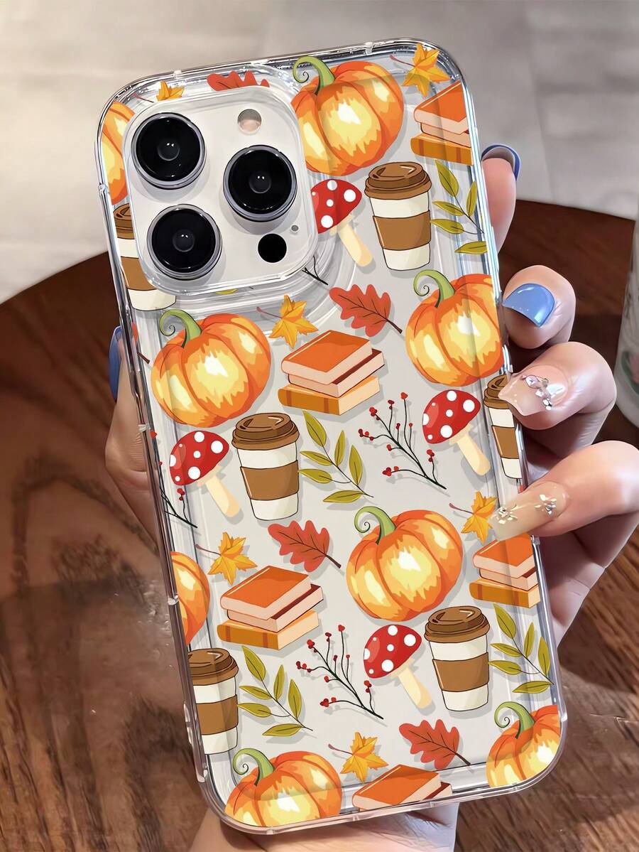 1pc Aesthetic Autumn Pumpkin, Mushroom, Leaf, Book, Drink Graphic Transparent TPU Shock ...