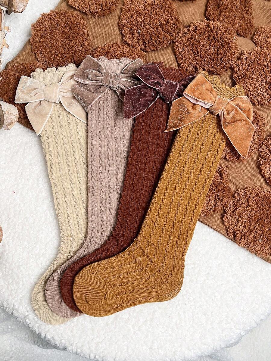 4 Pairs Girls' Autumn/Winter Solid Velvet Bow Decor Straight Tube Socks ...
