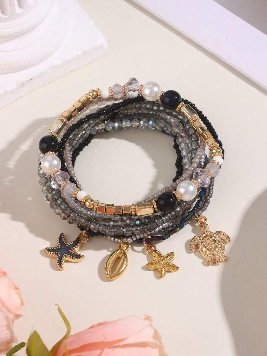10pcs/Set Seashells, Pearls & Starfish Beads Layered Bracelet Set, Boho ...