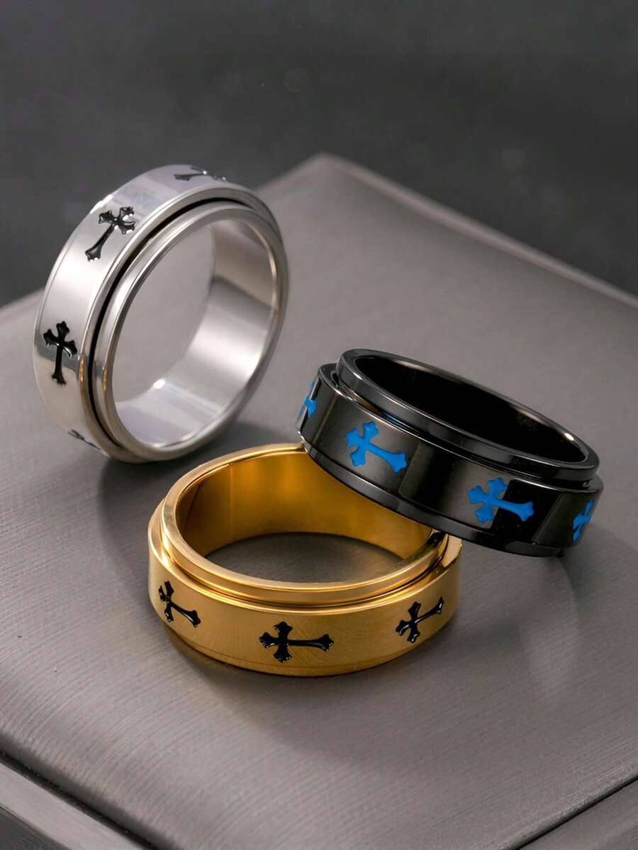 1pc Rotatable Casual Men's Ring, Cross Print Design, Cool Dark Style ...