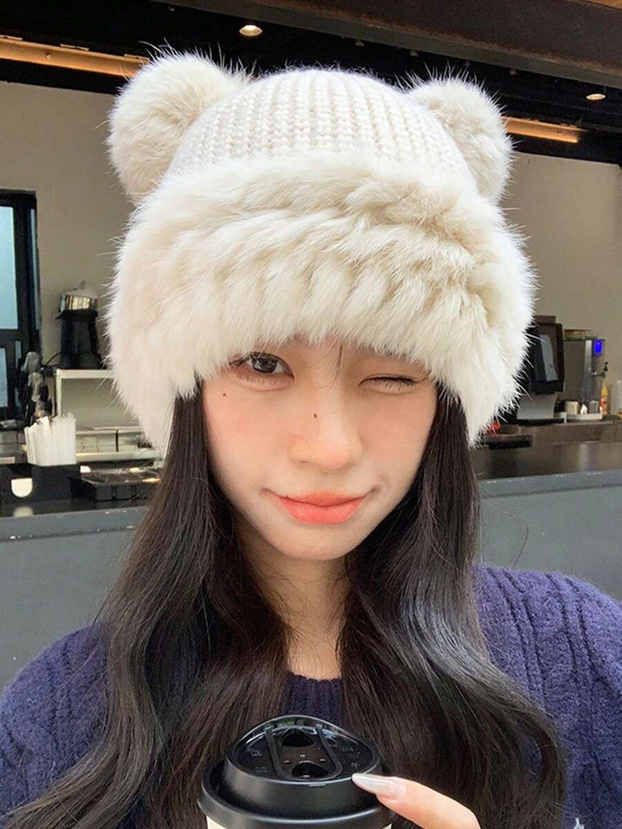 1pc Bear Ear Beanie Hat For Women Winter Fluffy Fur Knitted Cap Thicken ...