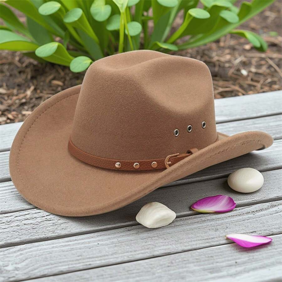 Felt Jazz Cap Stylish Cowgirl Hat Decorative Rivet Belt Wide Brim Western Hat For Daily Life ...