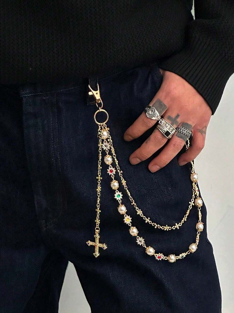 1pc Vintage Luxurious Multi-Color Rhinestone Cross Pants Chain, Men's ...