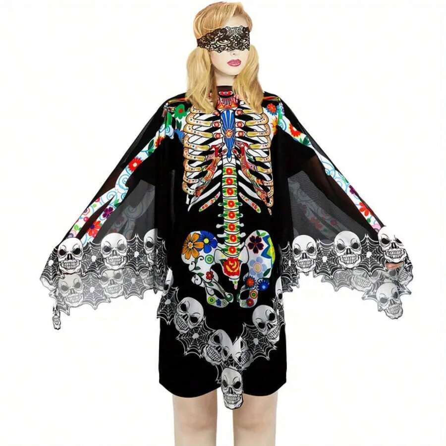 Halloween Skeleton Poncho, Lace Skeleton Costume Poncho For Women, 59 X ...