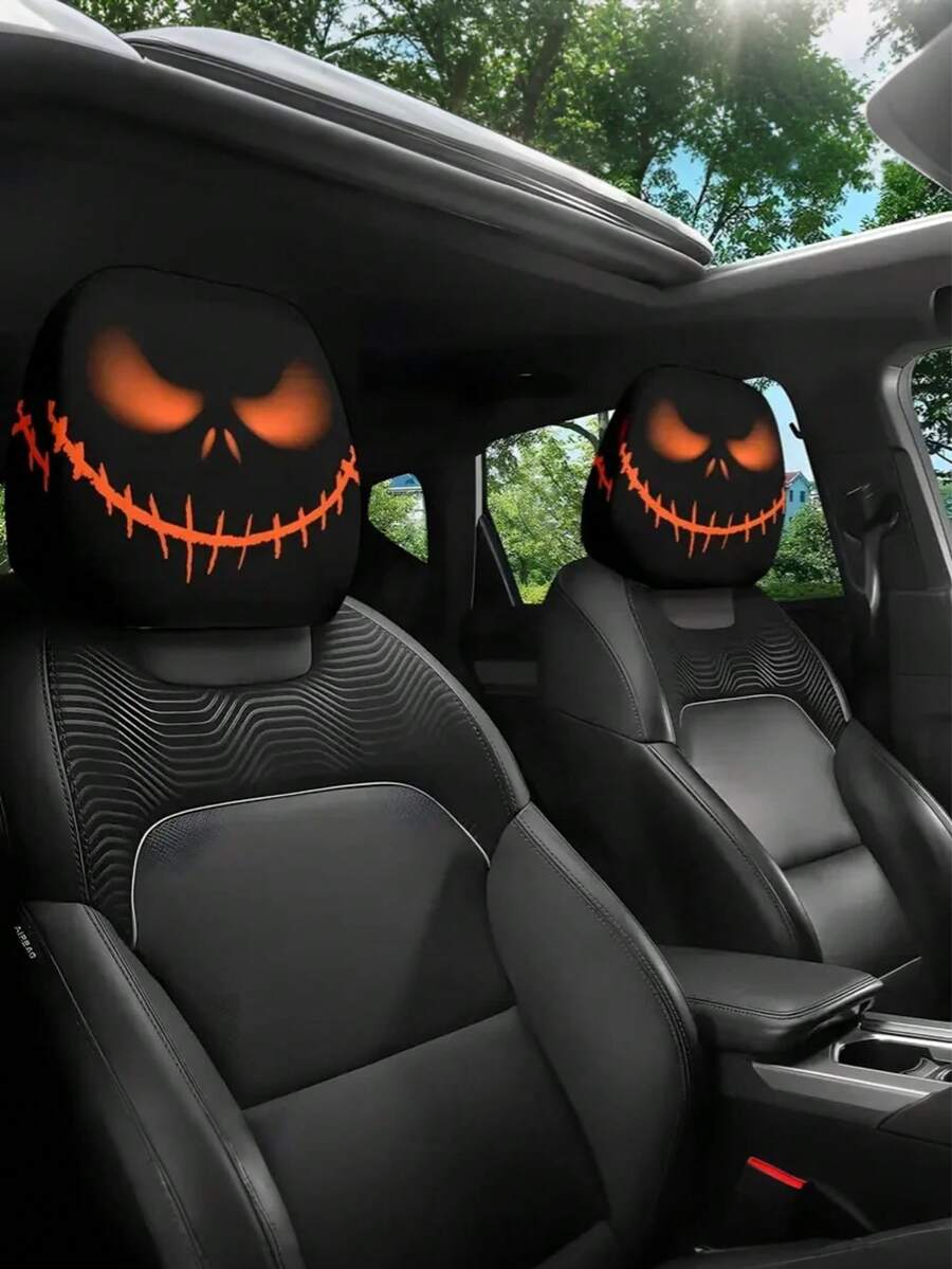 2Pcs Funny Cartoon Car Headrest Cover – Black With White Eyes & Teeth ...