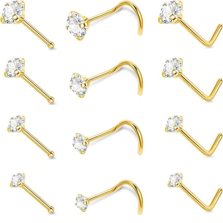 12Pcs 20G 18K Golden Filled Nose Studs For Women Men Hypoallergenic ...