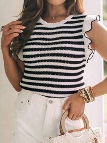 Women's Fashion Contrast Color Knitted Ribbed Ruffle/Frill Trim Vest ...
