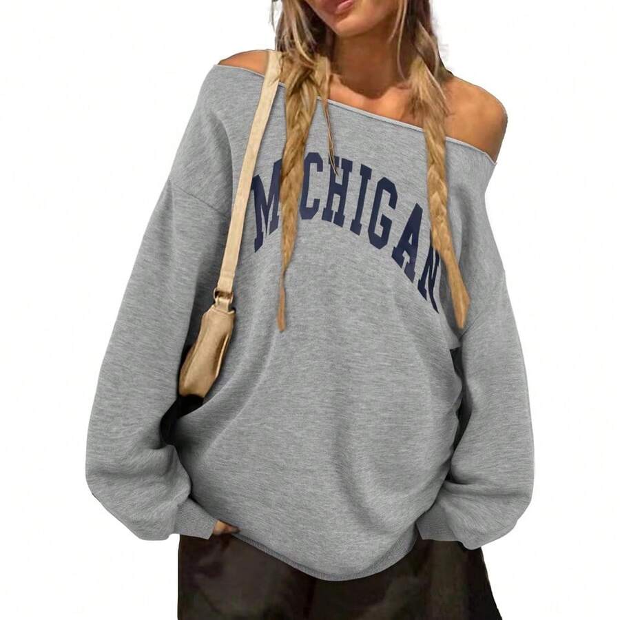 Women's Graphic Off Shoulder Sweatshirt Casual Loose Long Sleeve ...