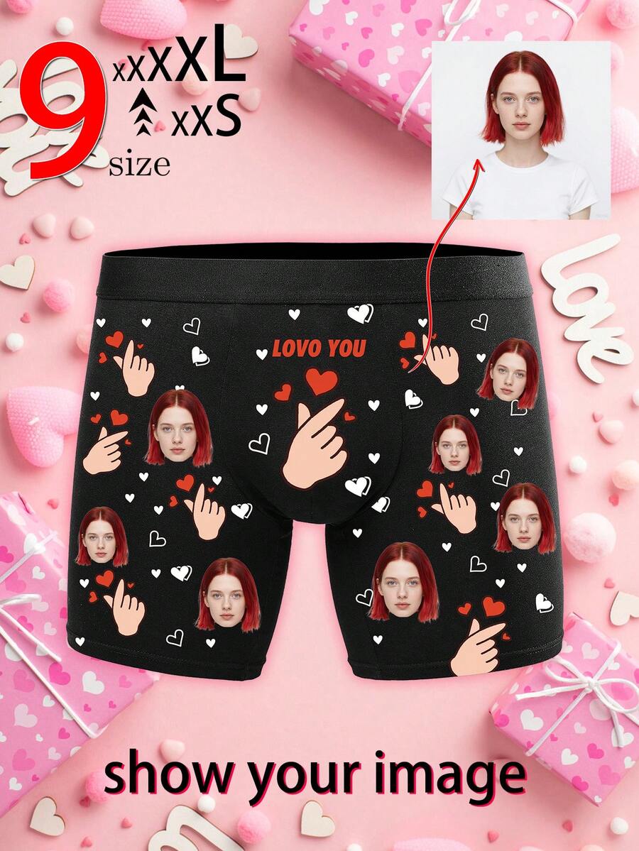 1 Pair Of Custom Men's Boxer Briefs, Heart-Shaped Face&Finger Heart ...