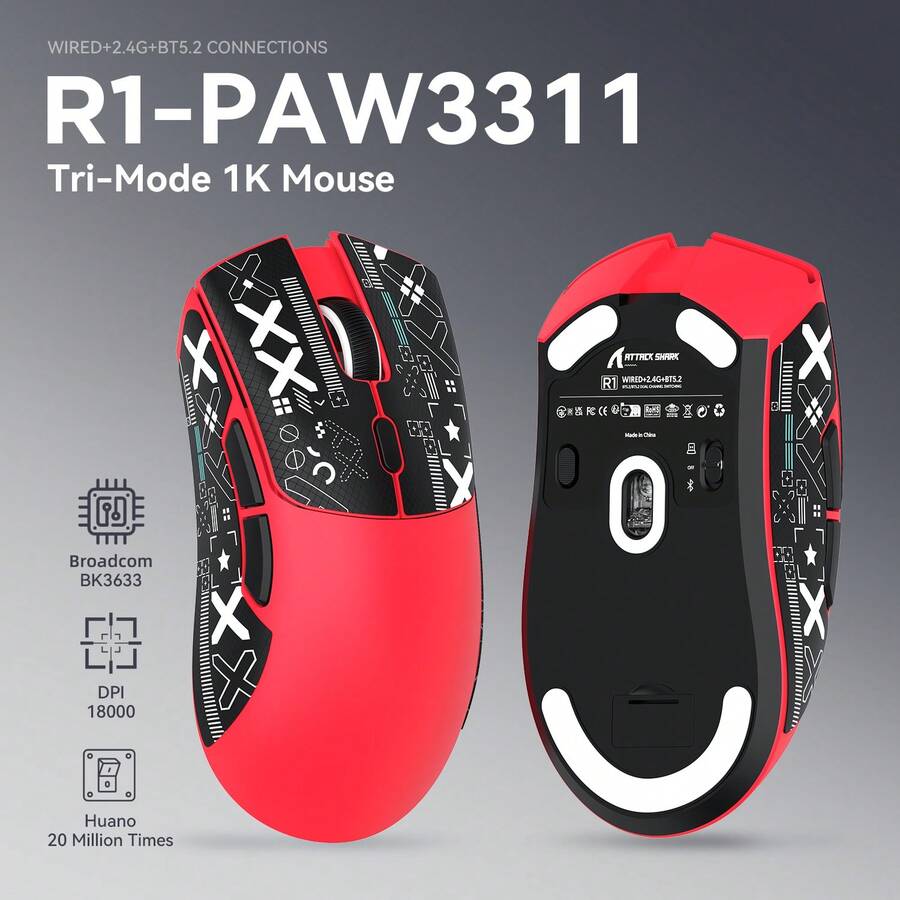 ATTACK SHARK R1 59g SUPERLIGHT Mouse, PixArt PAW3311 Gaming Sensor, BT/2.4G Wireless/Wired ...
