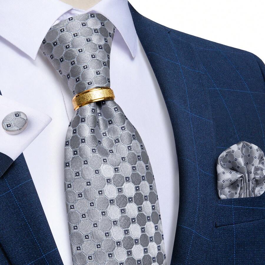 4pcs Mens Tie Grey Pattern Necktie Pocket Square Cufflinks Ring Set ...