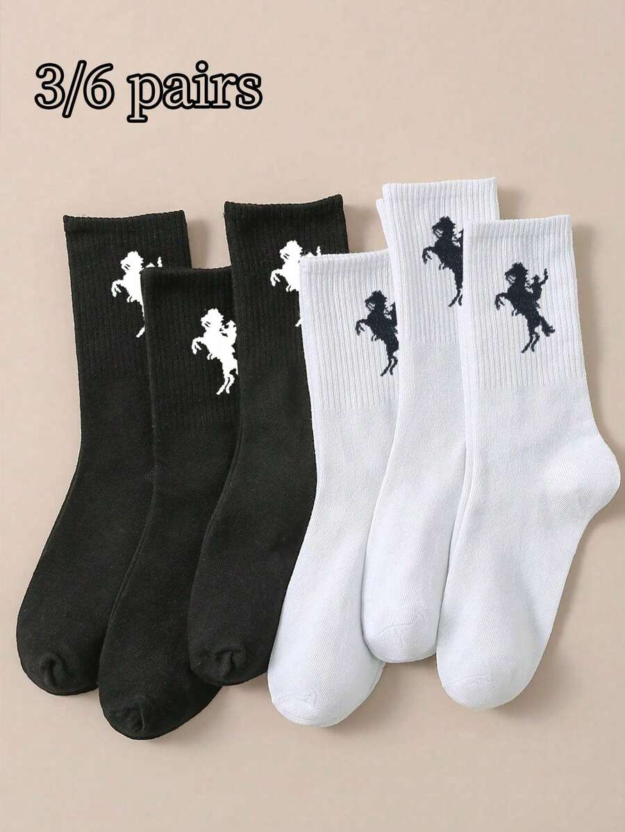 1/3/6 Pairs Solid White Socks With Horse & Equestrian Elements, Mid-Calf, Breathable, Warm ...