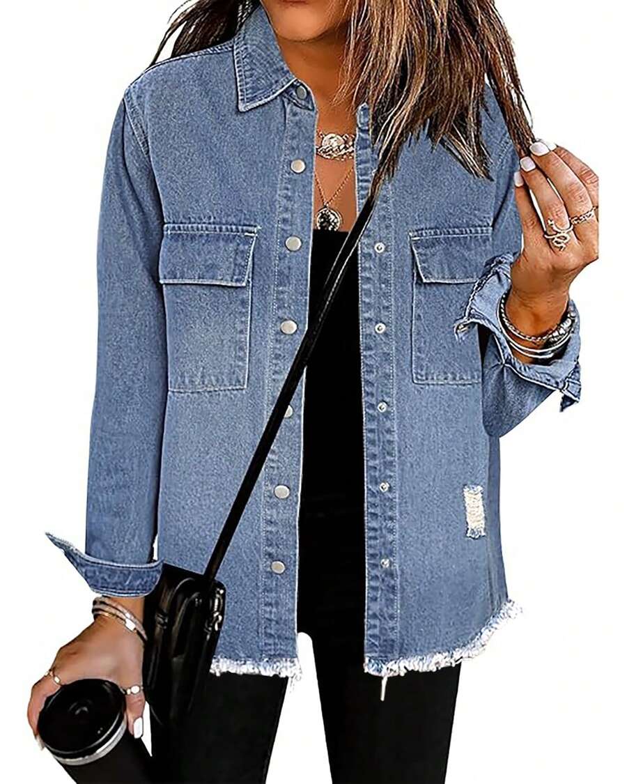 Necooer Necooer Women's Denim Jacket Old Wash Button Boyfriend Denim ...