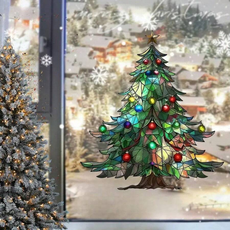 1pc Holiday Christmas Tree Window Sticker, Static Glass Decal, Indoor ...