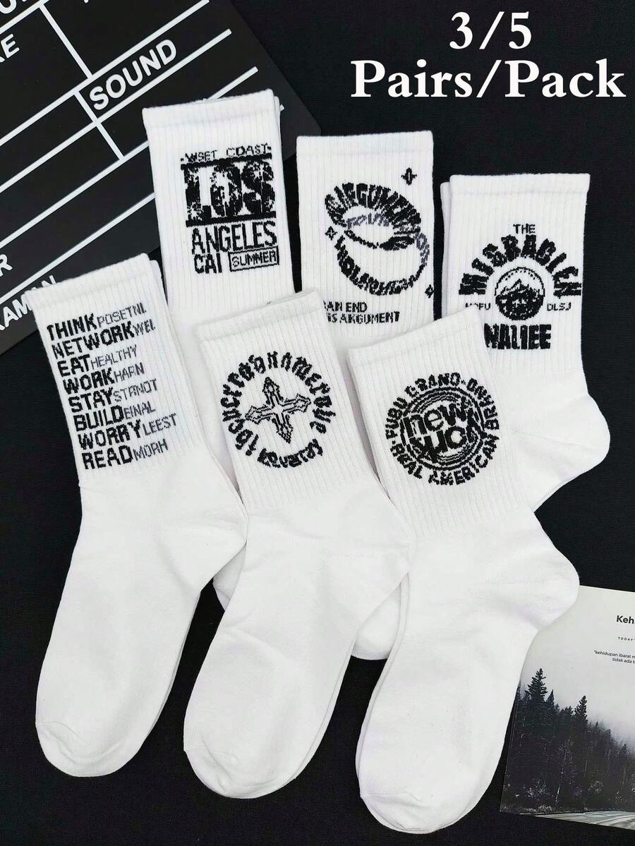 3/5 Pairs Men's Crew Socks, Black, White, Letter Print Socks, Versatile ...
