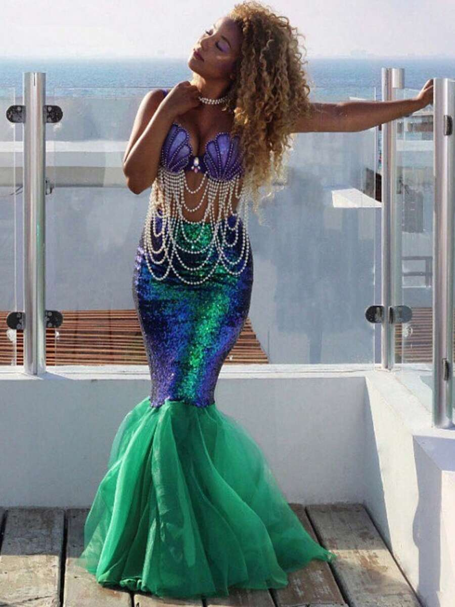 Women's Glitter Mermaid Tail Cosplay Costume Sequin Fancy Maxi Skirt ...