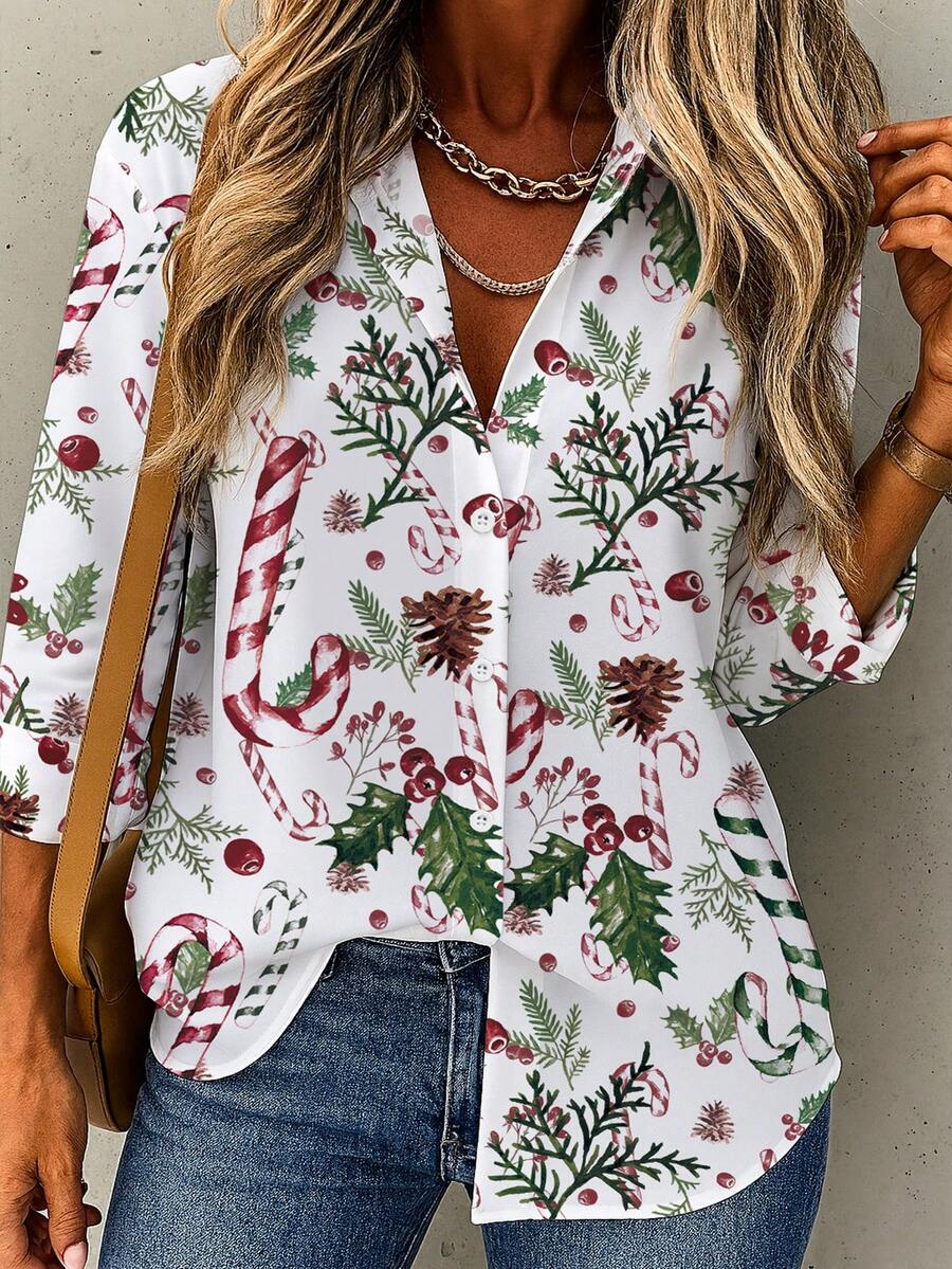 Plus Size Women's Christmas Themed Blouse | Long Sleeved Shirt Collar ...