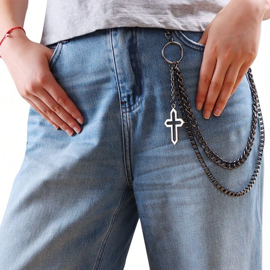 1pc Hiphop Style Gun & Cross Pendant Double Layer Chain Jeans Pant ...