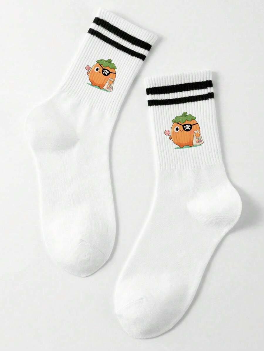 1 Pair Men's White Crew Socks With Black Stripes, Featuring Halloween ...