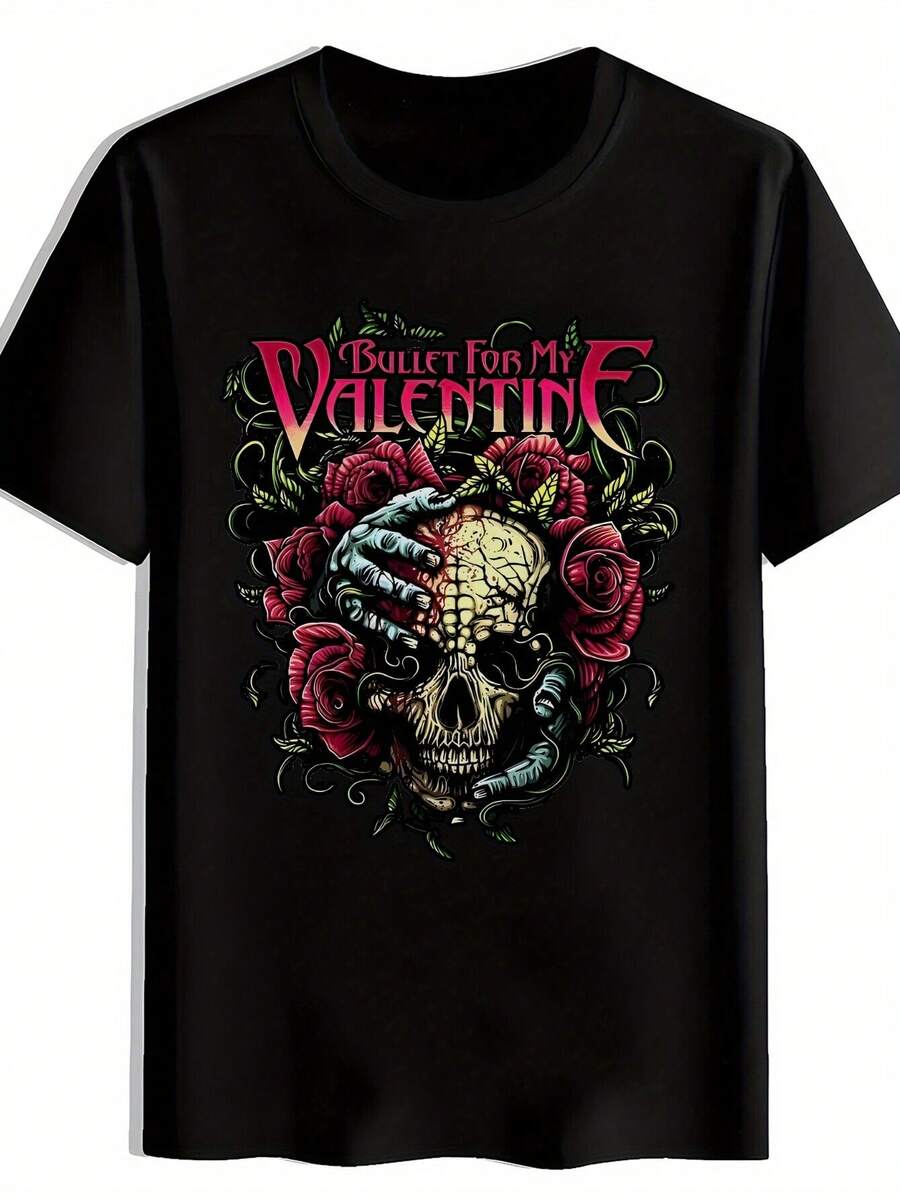 Man Men Heavy Metal Band T-Shirt Black Graphic Tee With Skull Roses ...