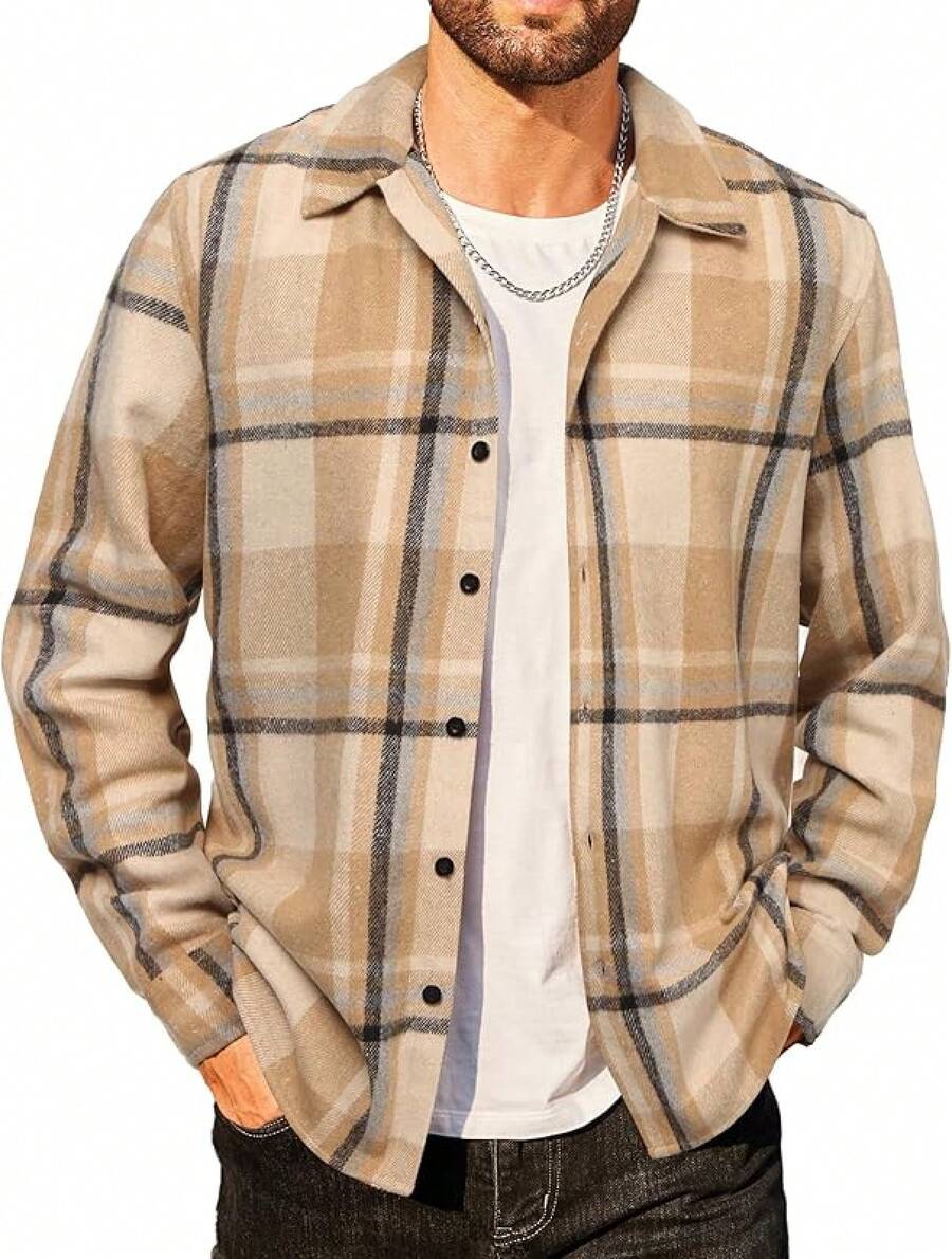 Men's Flannel Shirt Casual Button Down Down Plaid Shirt Jacket Long ...
