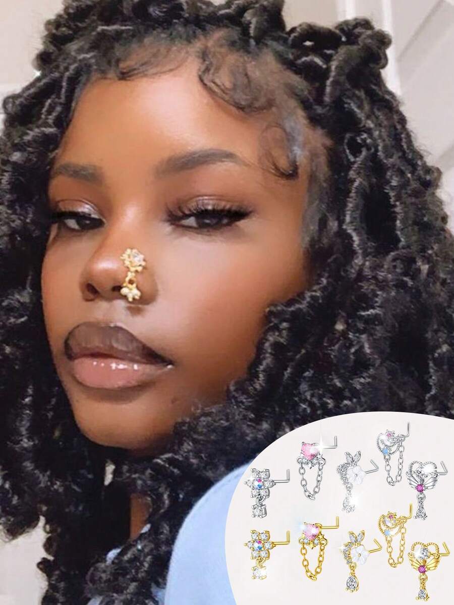 CIZME Dangling Nose Rings Stud, L Shape Nose Rings, Cubic Zirconia ...