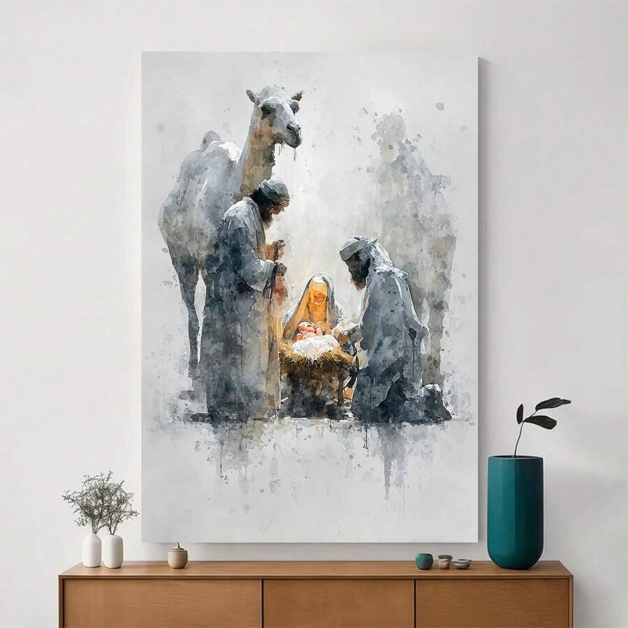 Framed Nativity Scene Canvas Painting Wise Men Camel Holy Family Manger ...