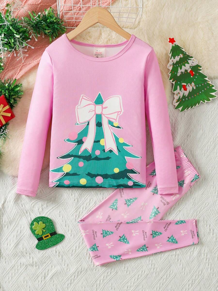 2pcs Christmas Girls Snug Fit Pajamas Set, Cute Bow & Christmas Tree ...