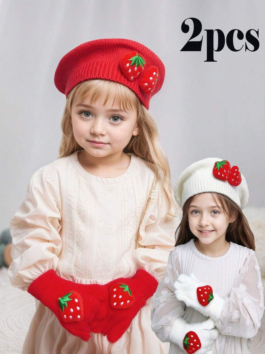 2pcs/Set Fashionable Toddler Girls' Knit Beret Hat + Gloves Set, New ...
