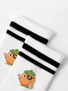 1 Pair Men's White Crew Socks With Black Stripes, Featuring Halloween ...