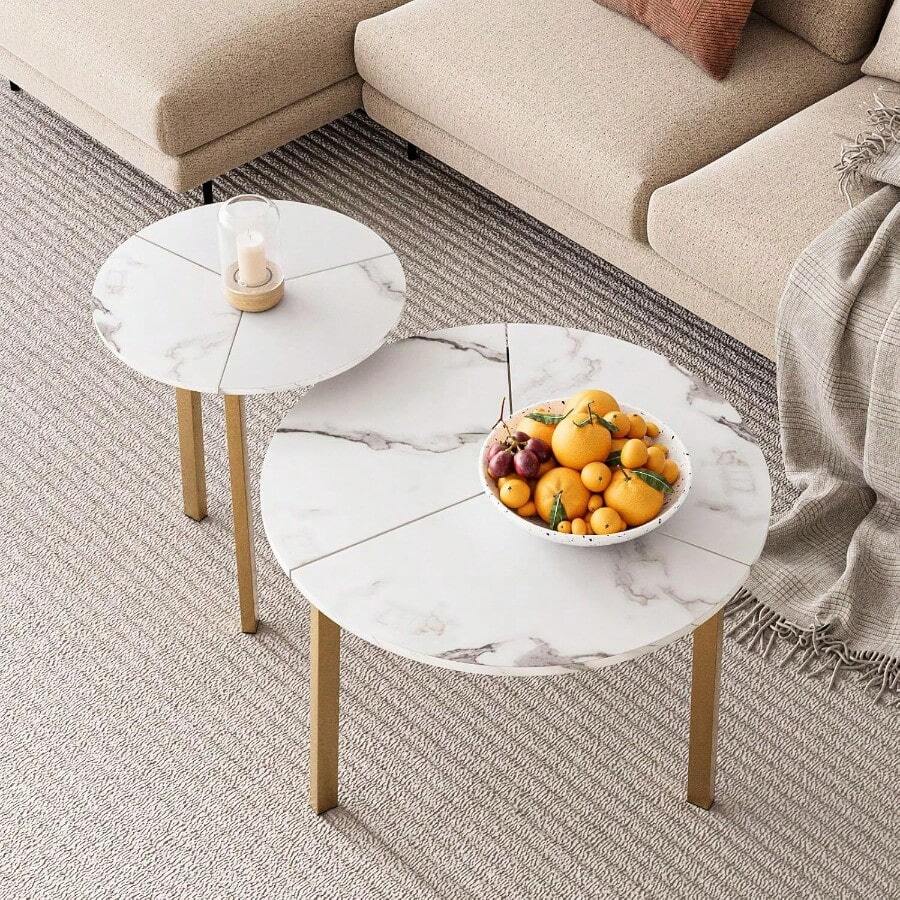 Coffee Table Nesting White Set Of 2 Round Coffee Table 23.6" Side Tables For Living Room Bedroom ...