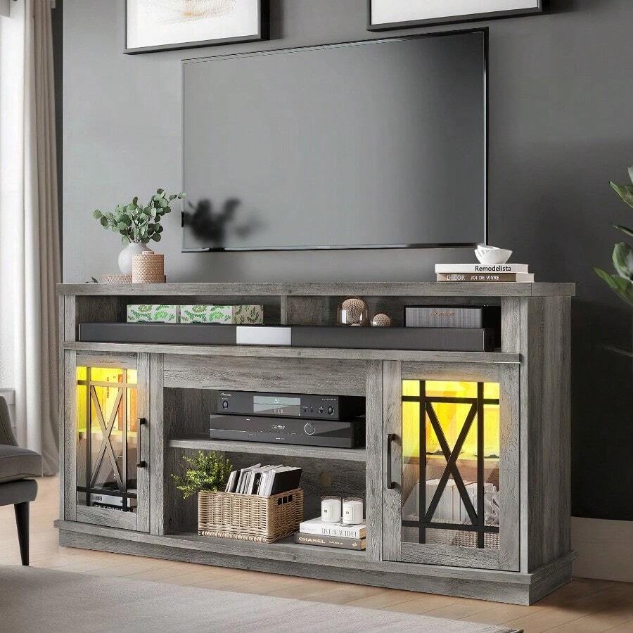 Rustic Gray TV Stand With LED Lights: Fits 70" TVs, Entertainment ...