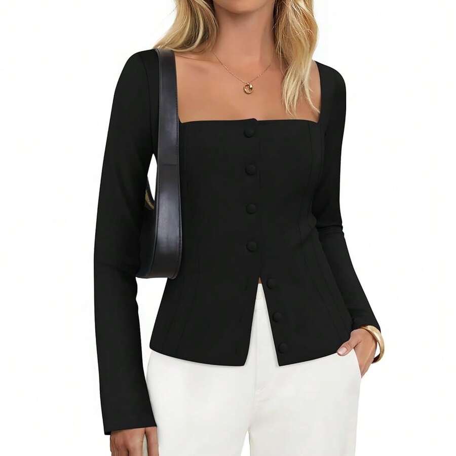 ZESICA Women's Fall Square Neck Blazers 2025 Casual Long Sleeve Button ...
