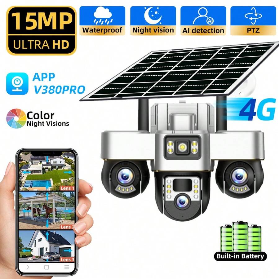 V380 V380 Pro 15MP 3 Lens 4G Solar Camera Outdoor PIR Humanoid ...