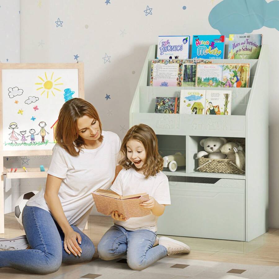 HOMCOM Kids Bookshelf With Storage Drawer, Children's Bookcase With ...