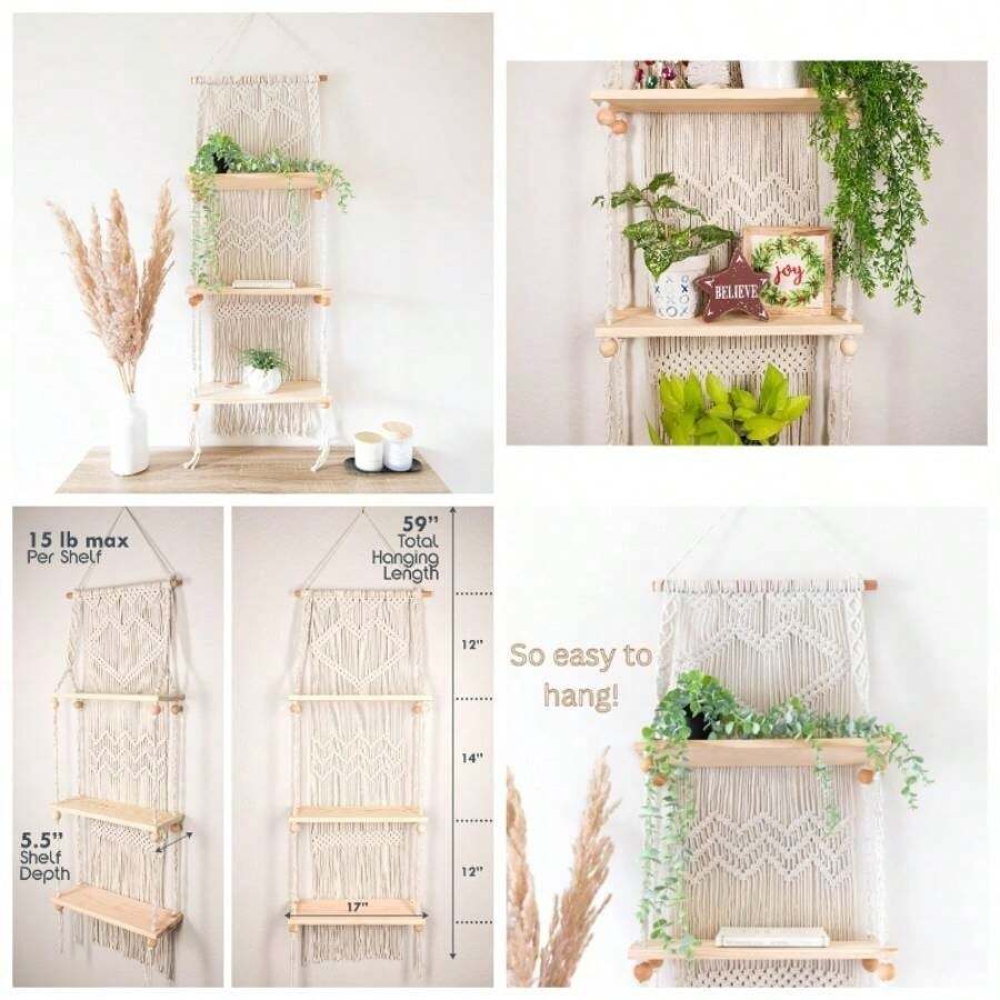 Macrame Wall Hanging Shelf - 3 Tier Wall Plant Hanger Shelves With ...