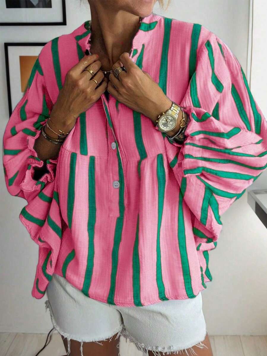 Plus Women's Ruffled Sleeves V-Neck Random Striped Printing Blouse Top ...