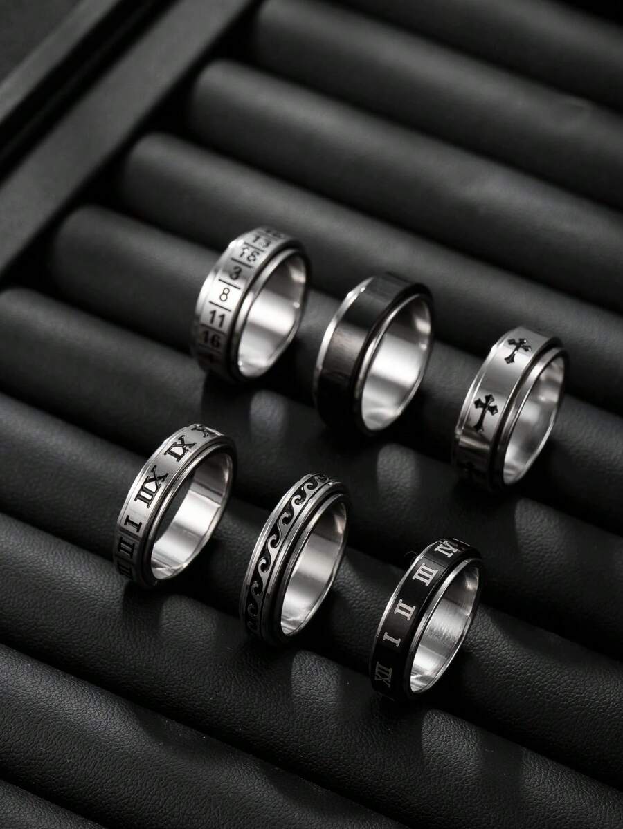 6pcs Minimalist Stainless Steel Silver & Black Roman Numeral Cross ...