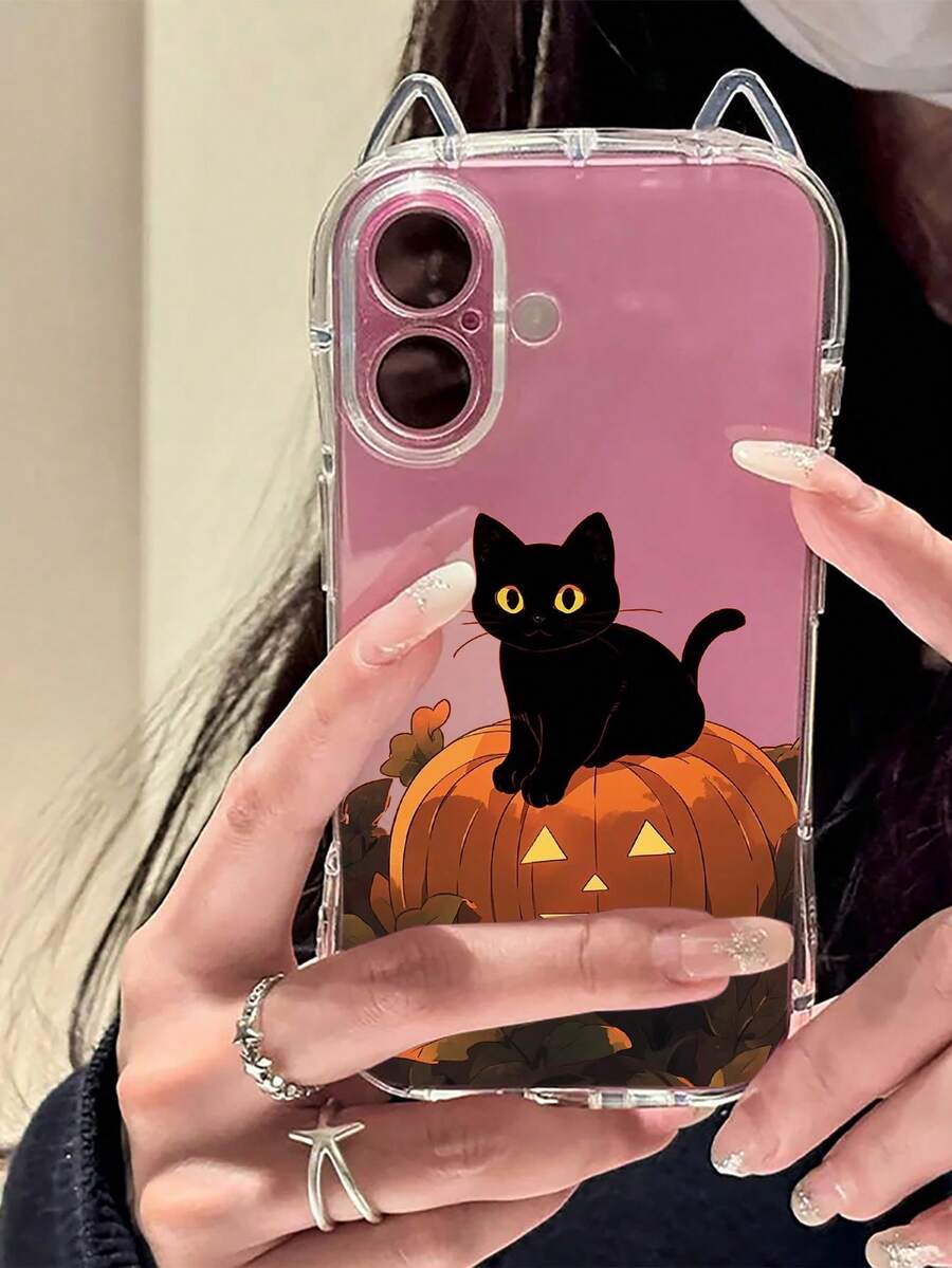 1pc Pumpkin Lantern Black Cat Ear Phone Case, 1.5mm Transparent Airbag ...