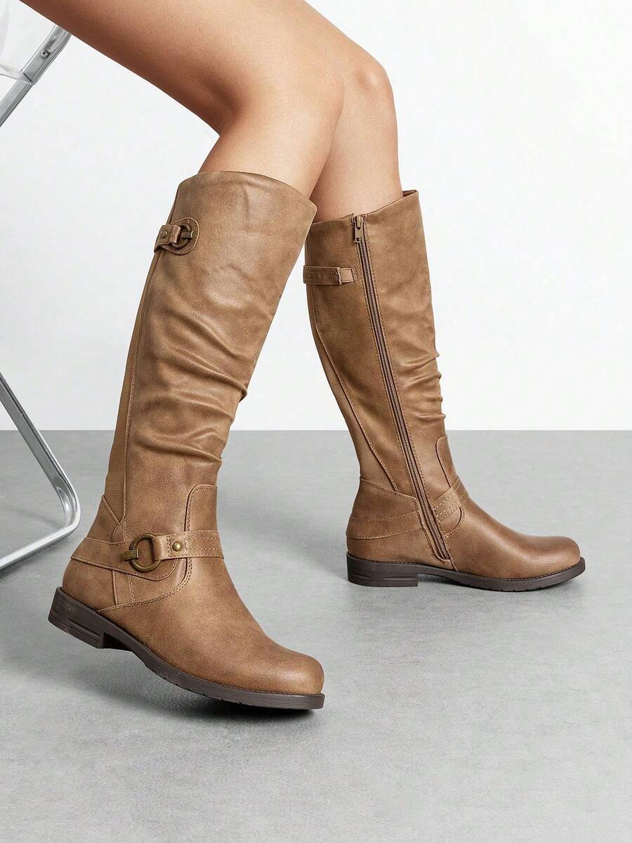 Women's Black Knee High Boots Motorcycle Side Zipper Buckle Decorated ...