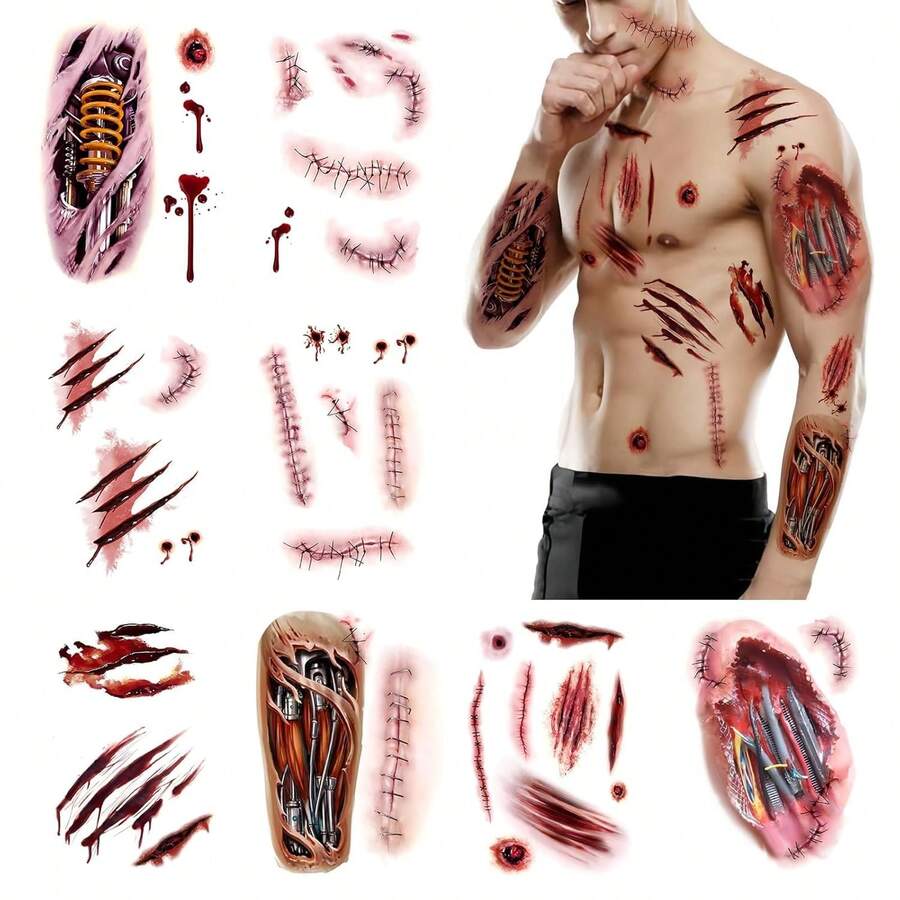8 Sheets,Scar Tattoo Stickers For Halloween, Realistic Wound Fake ...