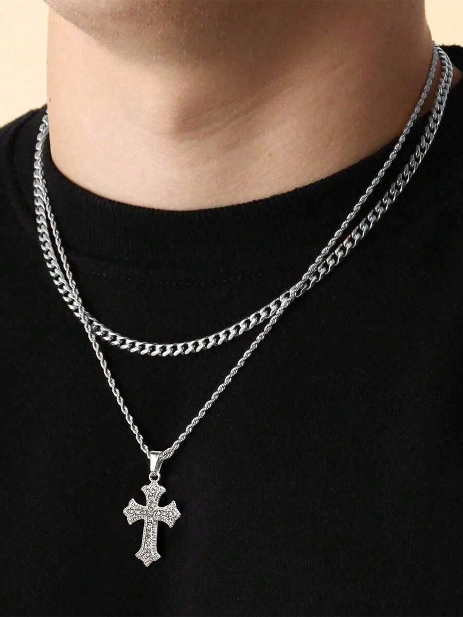 2pcs Vintage Stainless Steel Double Layer Rope Chain Rhinestone Cross ...
