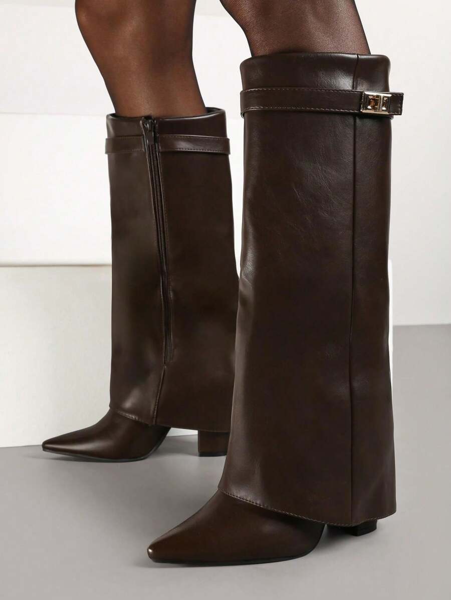 Snake Boots With A Turned-Up Shaft On A Block Heel | SHEIN EUR