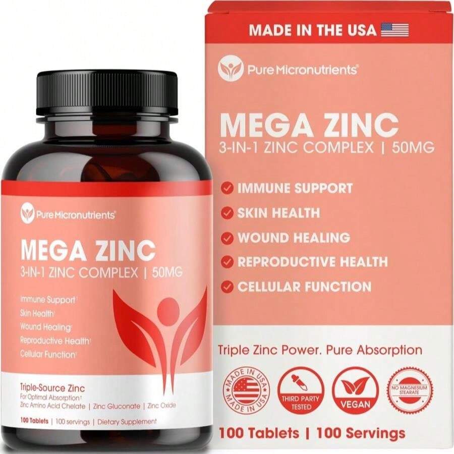 Mega Zinc Supplement, 50mg, 3-In-1 Zinc Complex, 100 Tablets - Pure ...