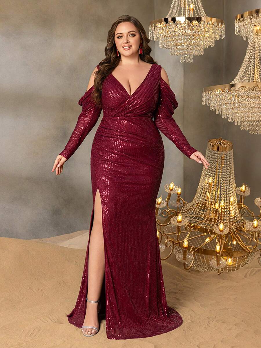 Faeriesty Curve Plus Sparkling Sequin Cold-Shoulder Evening Gown With ...