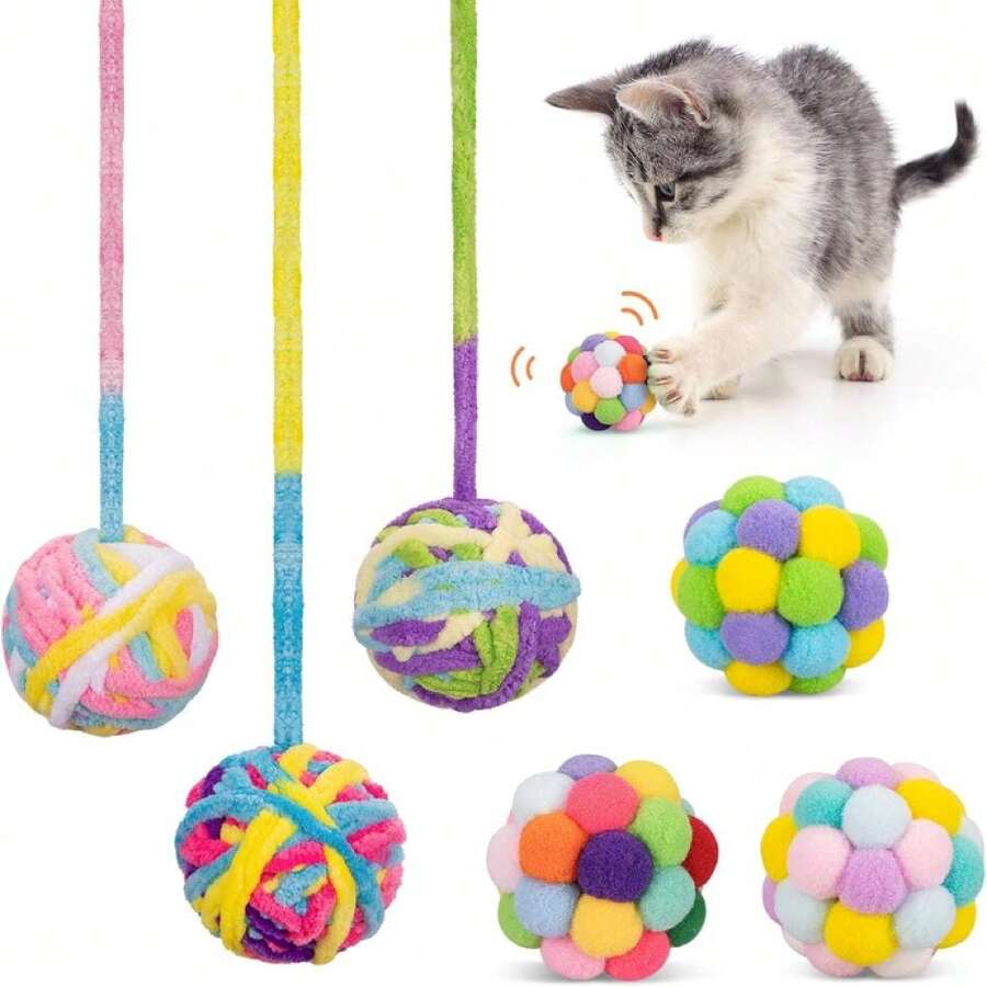 Cat Toys Balls, 6Pcs Yarn Cat Balls With Bells Inside, Interactive ...