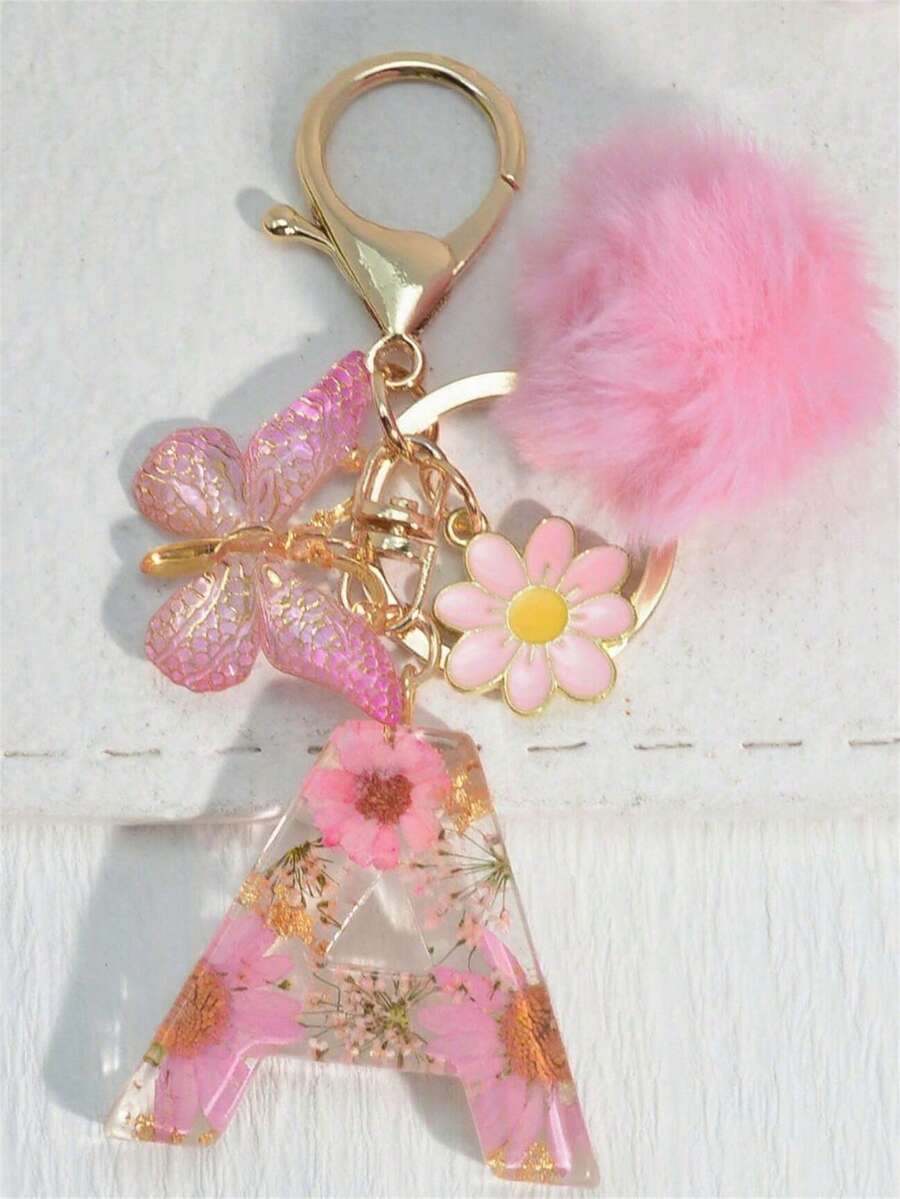 1pc Dried Flower Resin English Letter Keychain, Fashion Women Keyring ...